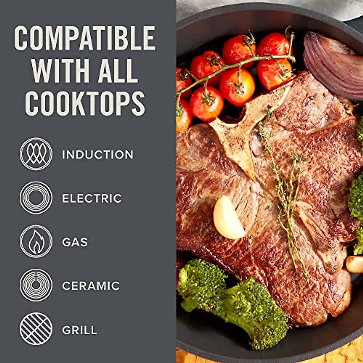 Zakarian by Dash 13 Inch Nonstick Cast Iron Dual Handle Pan, Titanium Ceramic Coated Frying Pan, Grey