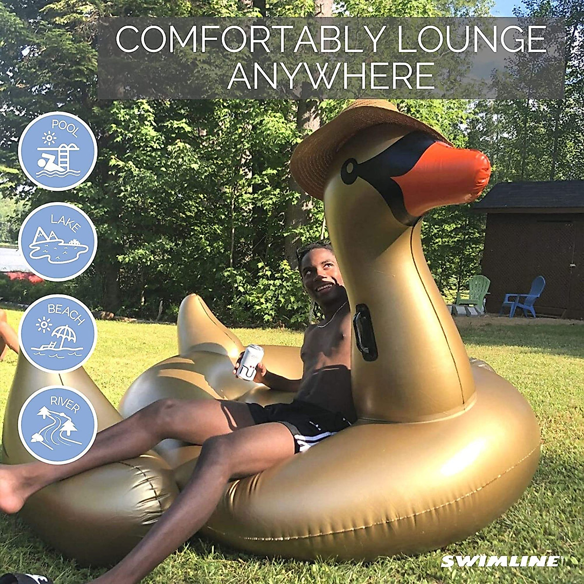SWIMLINE ORIGINAL 90701 Inflatable Golden Goose Pool Float Floatie Ride-On Lounge W/ Stable Legs Wings Large Rideable Blow Up Summer Beach Swimming Party Lounge Big Raft Tube Decoration Toy Kids Adult