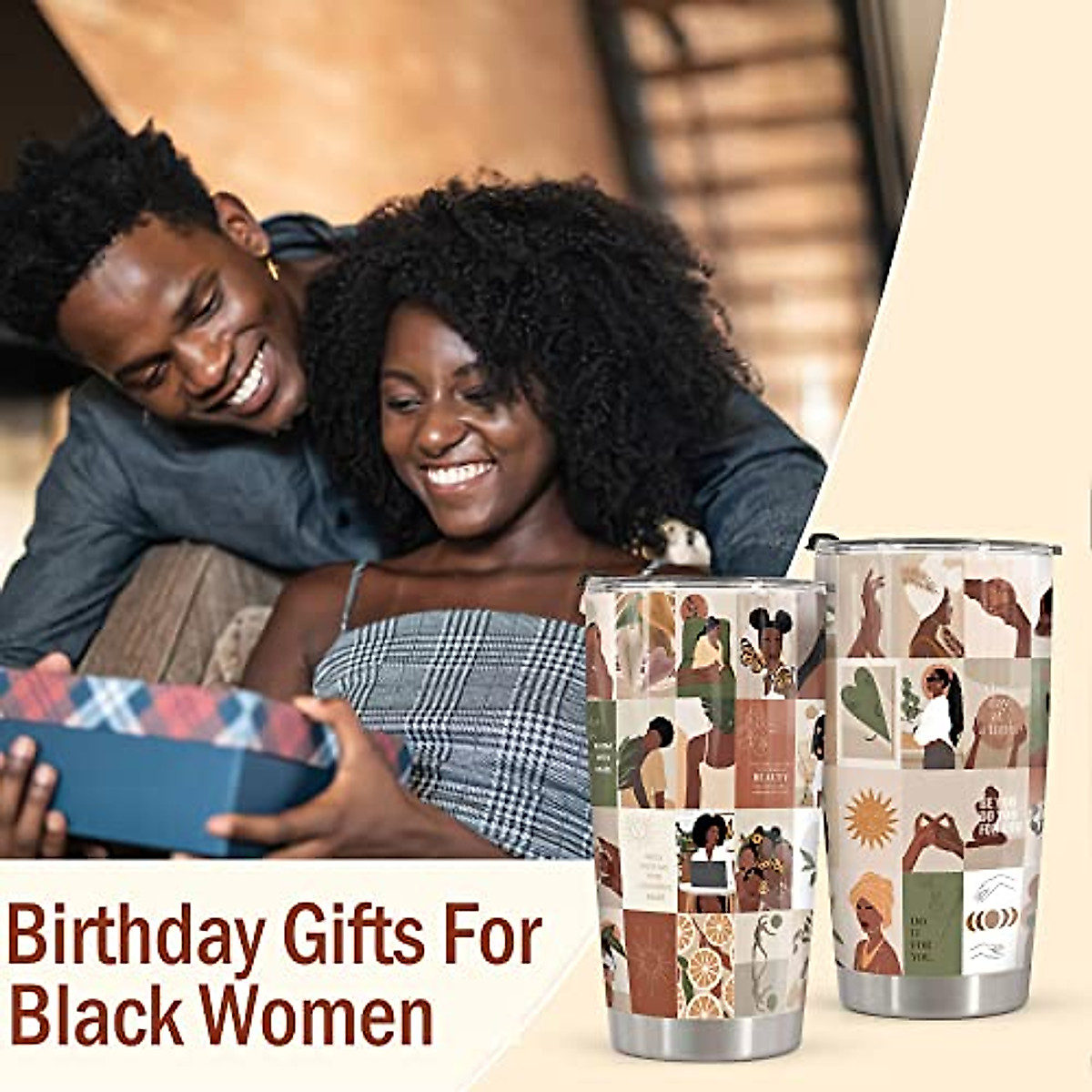 20oz Black Women Tumbler With Lid African American Gifts For Black Women - Self Care For Black Women Positive Affirmations For Black Women Black Girl Magic Stainless Steel Insulated Travel Coffee Cups