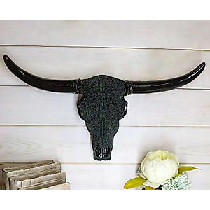 Ebros Gift Large 18.25" W Longhorn Cow Cattle Bejeweled Black Beads Skull Wall Head Decor Hanging Sculpture Plaque Bull Steer Figurine Trophy Bulls Cows Steers Taxidermy Animal Skulls