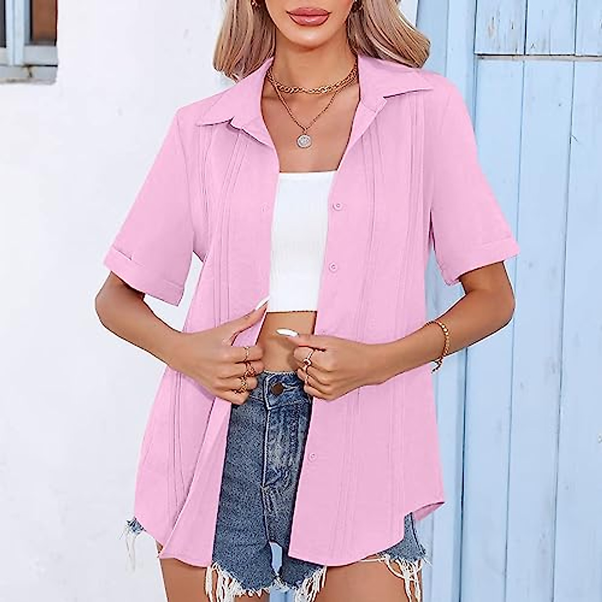 Cotton Blouse for Women 2023 Casual Women's Business Casual Clothing Loose Comfy Button Down Short Sleeve Summer Top Casual V Neck Work Collared Shirts Pink XL