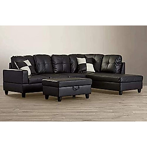 FlashBuy Sofa Sectional Sofa, L-Shape Faux Leather Sectional Sofa Couch Set with Chaise, Ottoman, 2 Toss Pillow Using for Living Room Furniture.（Black）