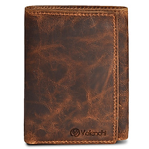 Genuine Leather Mens RFID Blocking Slim Trifold Wallet with 6 Cards+1 ID Window + 2 Note Compartments. - Cognac - S