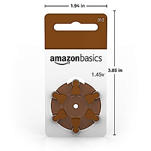 Amazon Basics 1.45 Volt Hearing Aid Batteries, Brown Tab - Pack of 60, Size 312 - Improved Performance