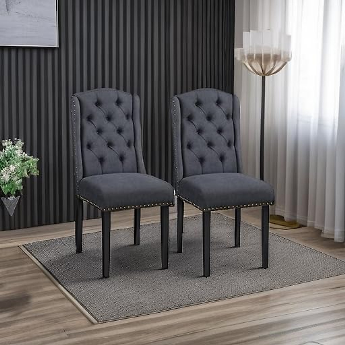 Yaheetech Dining Chairs Upholstered Fabric Chairs Tufted Kitchen Chairs with Solid Wood Legs, Nailhead Trims and Wing Design for Dining Room Kitchen and Restaurant, Set of 2, Gray