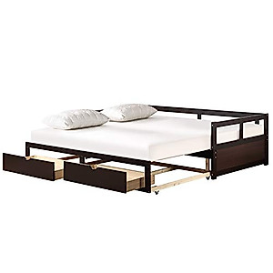 Wood Daybed with Trundle and 2 Storage Drawers Extendable Storage Sofa Bed Frame with Wooden Slats for Bedroom Living Room Guest Room, Convertible Twin To King Design, No Box Spring Needed (Espresso)