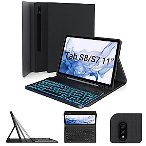 typecase Keyboard Case for Samsung Tab S8/Tab S7 11 inch (SM-X700/X706/T870/T875/T878), Slim Leather Folio Stand Cover, 7 Colors Backlit Wireless Detachable Keyboard with S Pen Holder (Black)