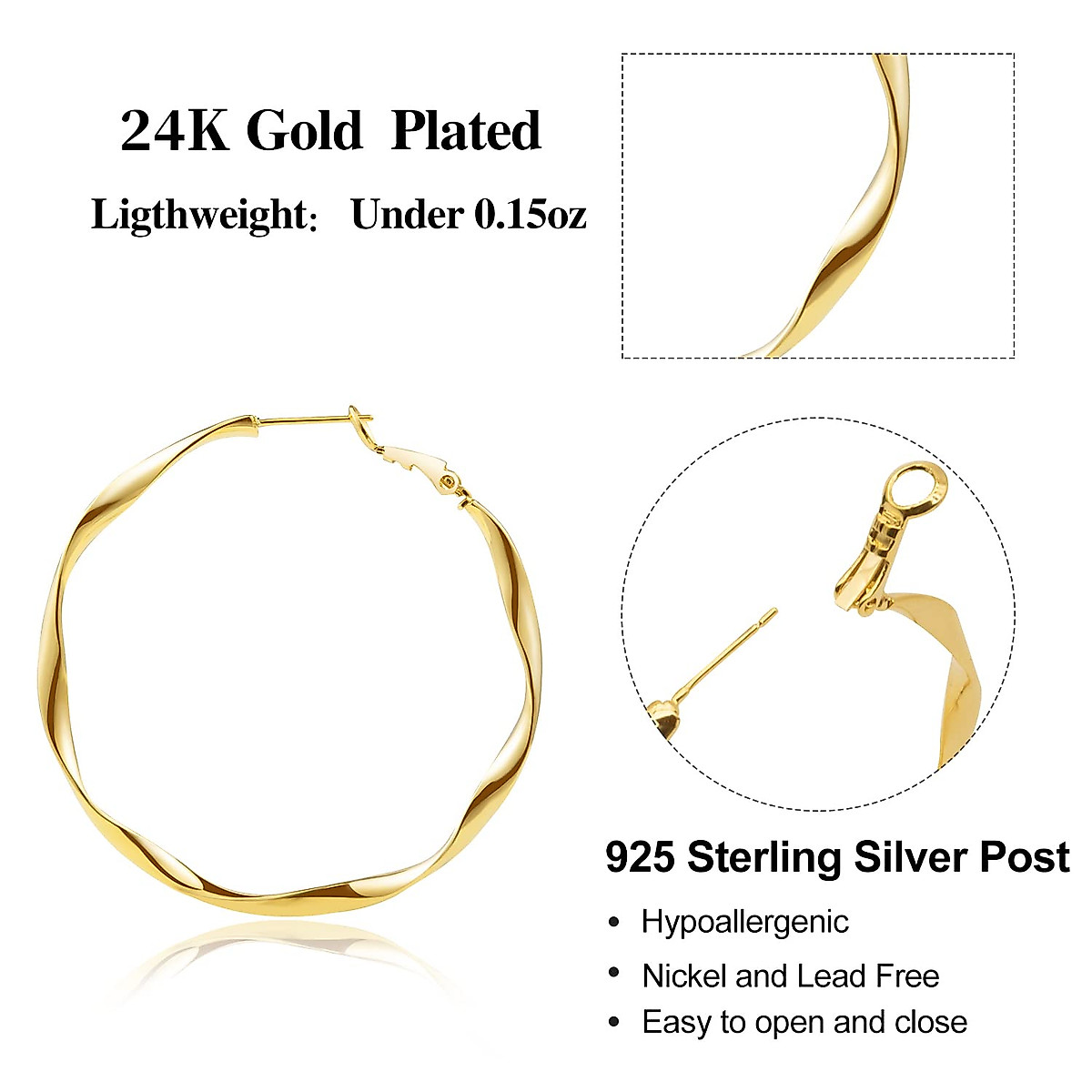 24K Gold Hoop Earrings for Women Trendy Real Gold Plated Large Twisted Thin Huggie Hoops 50mm, Dainty Cute Big Gold Filled Dangle Hoop Nickel Free Womens Earrings for Sensitive Ears Hypoallergenic