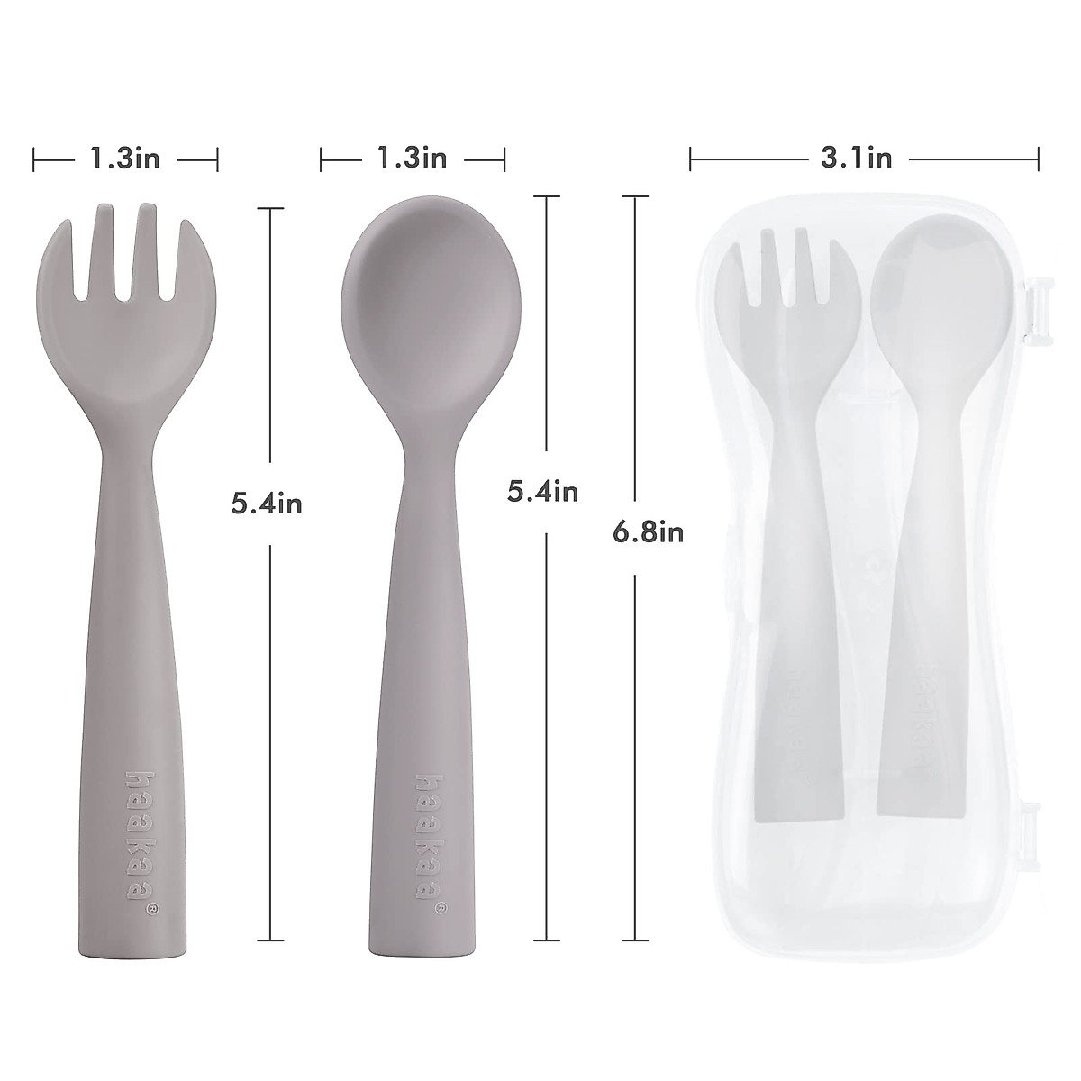 haakaa Toddler Forks and Spoons with Travel Safe Case,Self Feeding Toddler Utensils,Easy Grip Bendy Food-grade Silicone,Gray,12m+