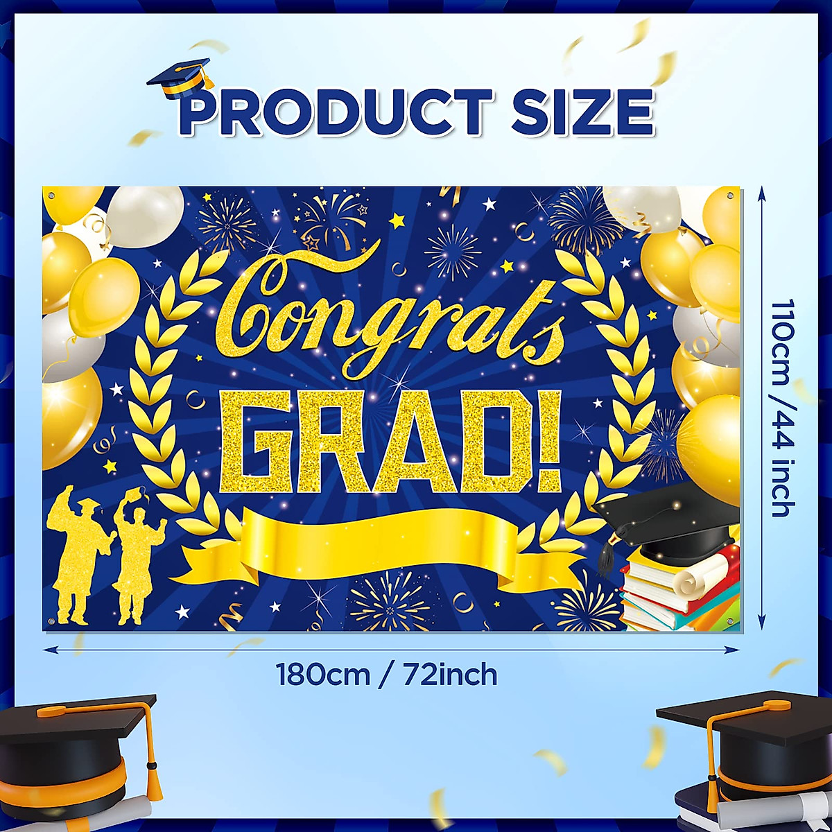 Navy Blue Congrats Grad Banner Decorations Class of 2023 Gold Blue Graduation Party Banner Supplies Photo Booth Wall Large Backdrop Decor for 2023 High School College Graduation Party Sign 72 x 44inch