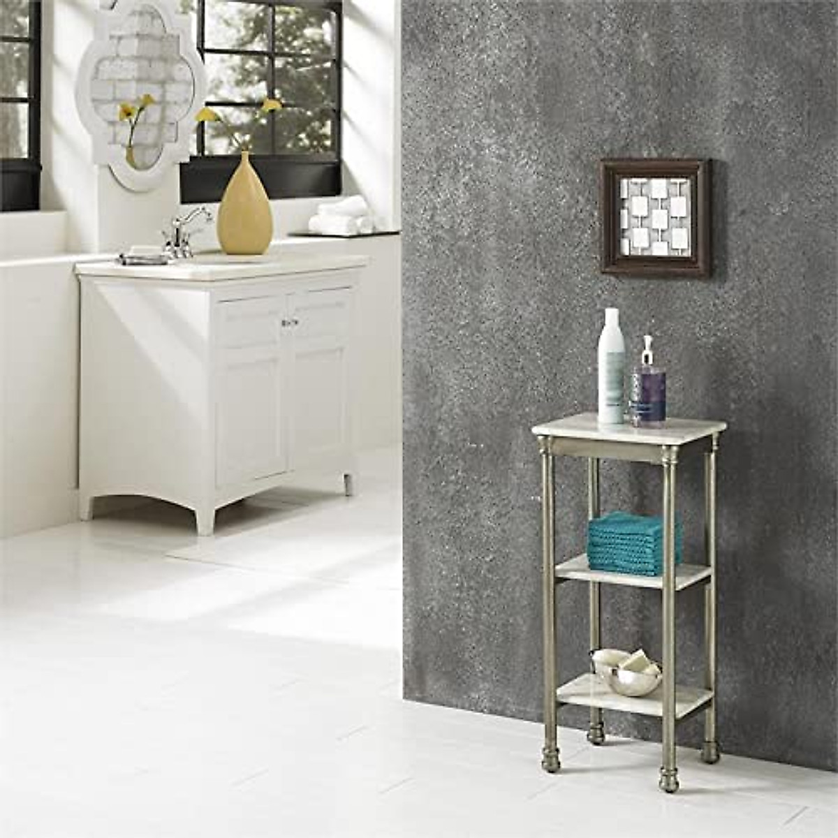 Home Styles The Orleans Three Tier Tower with Marble Laminate Shelves, Sturdy Powder-Coated Steel Frame