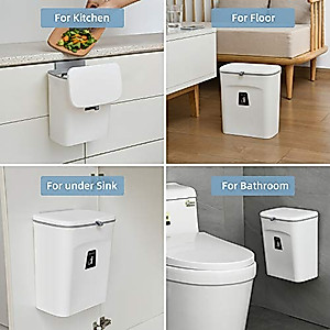 SUBEKYU 2.4 Gal Hanging Trash Can for Kitchen Cabinet Door with Lid, Small Under Sink Garbage Can for Bathroom, Wall Mounted Counter Waste Compost Bin, Plastic (White)