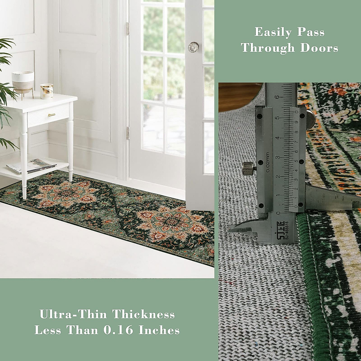 Morebes Ultra-Thin Boho Large Living Room Carpet, Green 5x7 Rug for Bedroom Washable Area Rug Non Slip Dining Mat, Office Rug Distressed Floral Floor Carpet for Guestroom Decor