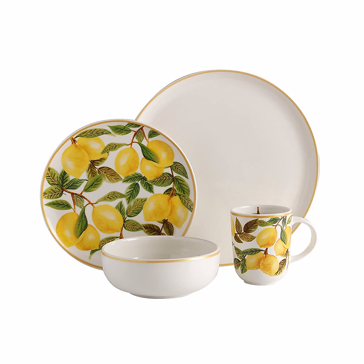 Corona Dinnerware Set 16– piece, Plates Bowls and Mugs Set, Ceramic Sets for 4, Microwave and Dishwasher Safe, Alegra Yellow Lemon Design