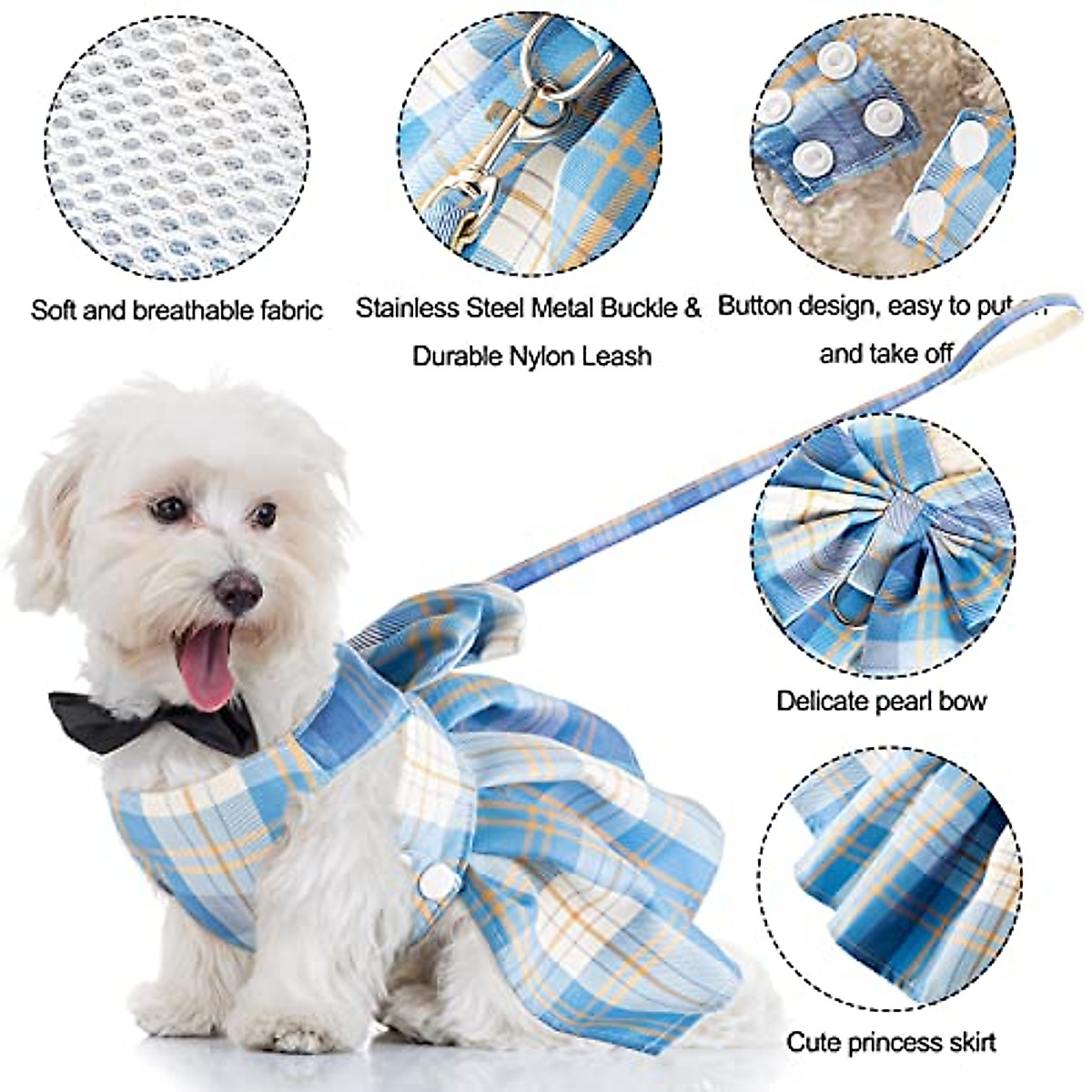 4 Pcs Plaid Dog Dress Bow Tie Harness Leash Set Harness Dress for Small Dogs Cute Dog Pet Girl Puppy Summer Clothes for Female Summer Bunny Rabbit Clothes Yorkie Chihuahua Training Walking (S)
