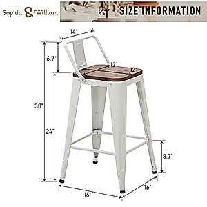 Sophia & William 24 Inch Metal Bar Stools Set of 4 Counter Height Detachable Low Back Bar Stools with Wooden Seat,Indoor/Outdoor Barstools,Creamy White