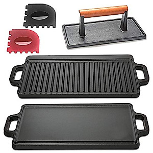 Cast Iron Stove Top Griddle Set & Griddle Accessories, Grill Pan, Includes Reversible Cast Iron Griddle, Stove Top Griddle Press, and Grill Pan Scrapers, Grill Plate measure 17 x 9 inch, Black
