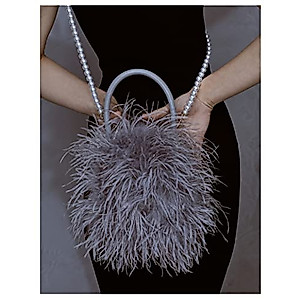 Skying Women's Real Ostrich Feather Evening Purse Handbag Clutch, Party Gift Wool Bag Wallet Tote For Winter (Bluish Gray)