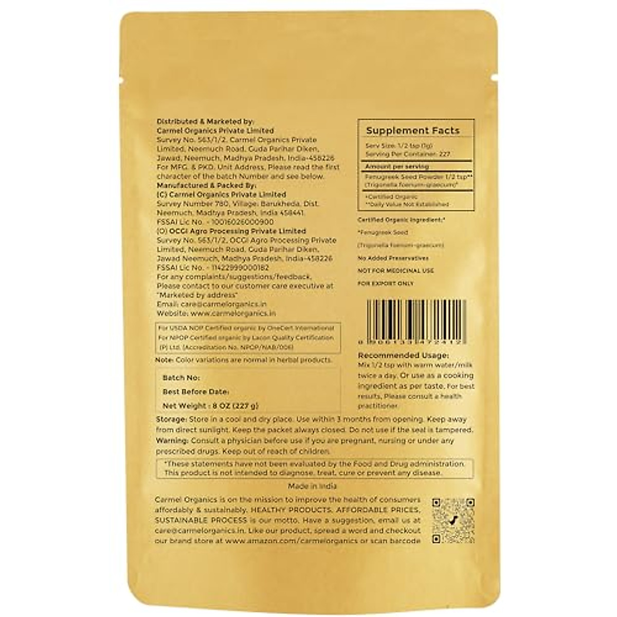 CARMEL ORGANICS Fenugreek |Methi Seeds (Powder, 8 Ounce or 0.5 Lbs)(Pack of 1) | USDA Certified Organic | Non-Gmo | No Added Preservatives | Indian Origin Fenugreek Seeds