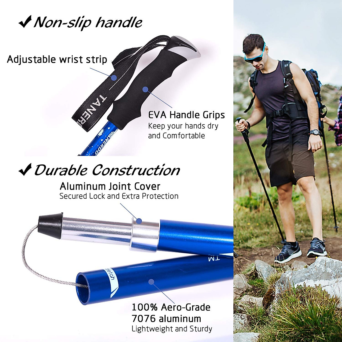 EASY BIG Walking Stick Trekking Poles Collapsible Hiking Poles - Auminum Alloy 7075 Trekking Sticks,Antishock and Quick Lock System, Telescopic, Collapsible, Ultralight