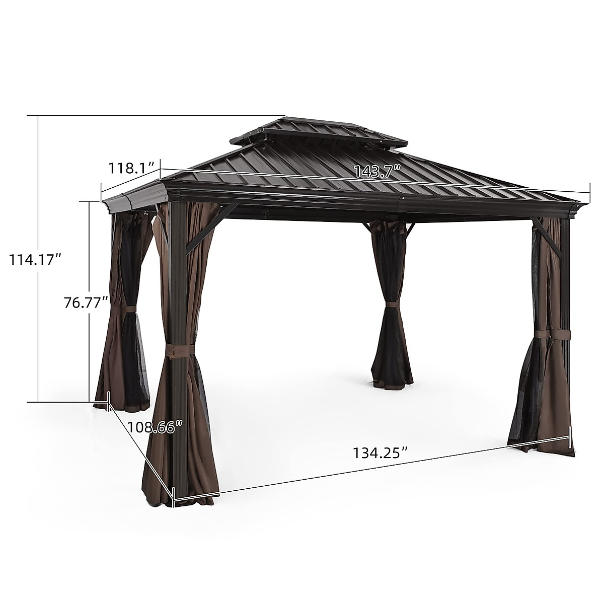 BACKYADOOR 10x12 Gazebo, Outdoor Hardtop Gazebo with Mosquito Netting and Curtains, Hard Top Metal Gazebo for Backyard, Deck, Poolside （Brown）