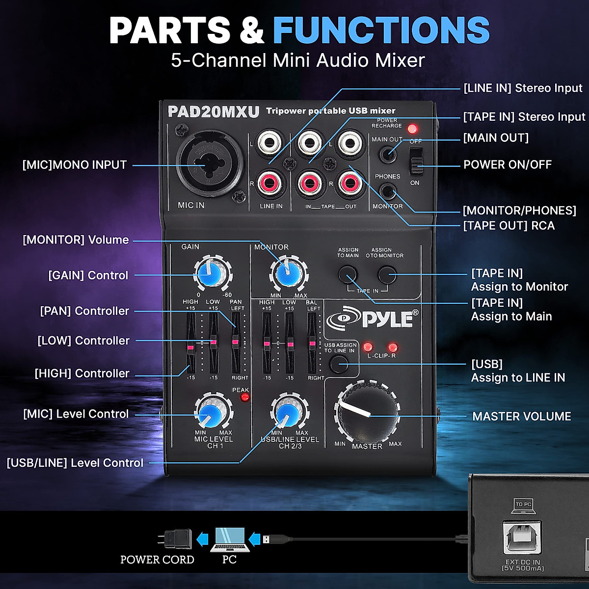 Pyle 5 Channel Audio Mixer - DJ Sound Controller Interface with USB Soundcard for PC Recording, XLR 3.5mm Microphone Jack, 18V Power, RCA Input and Output for Professional and Beginners -PAD20MXU