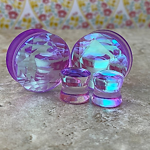 Mystic Metals Body Jewelry Pair of Purple Iridescent Aurora Borealis Faceted Glass Double Flare Plugs (PG-596) (3/4" (19mm))