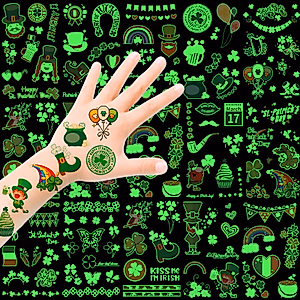 St.Patricks Day Tattoos, 12 Sheets Kids Glow in Dark Tattoos, 100+ Pcs St Patricks Day Stickers, St. patrick's Day Temporary Tattoos Shamrock, Amazing Irish St Patricks Day Decorations Party Favors