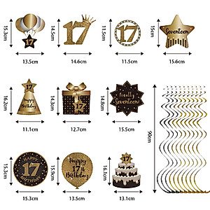 Happy 17th Birthday Party Hanging Swirls Streams Ceiling Decorations, Celebration 17 Foil Hanging Swirls with Cutouts for 17 Years Old Black and Gold Birthday Party Decorations Supplies