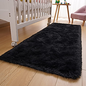 YJ.GWL Fluffy Runner Rug for Bedroom Living Room Soft Shag Rugs 2x6 Feet, Black Plush Carpet Non Slip for Nursery Dorm, Fuzzy Bedside Rug for Kids Boys Girls Room Home Decor