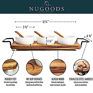 Acacia Wood Serving Tray with 3 Ceramic Bowls & 3 Wooden Spoons - Relish Tray with Stainless Steel Handles & Non-Scratch Rubber Feet Serves as Chip and Dip Serving Set for Sauces, Dips & Much More