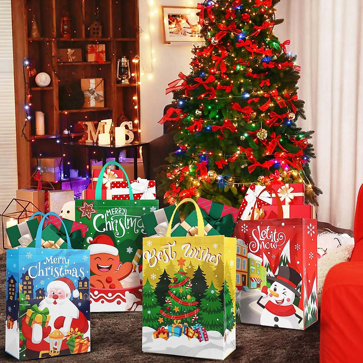 SULOLI 12 Pack Large Christmas Tote Bags with Handles, Reusable Gift Bag Non-Woven Grocery Shopping Totes for Holiday Xmas Party Supplies