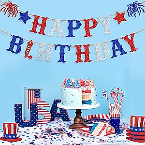 Ushinemi Glitter 4th of July Birthday Decorations, Red White and Blue Happy Birthday Banner, Patriotic Independence Day Birthday Party Supplies