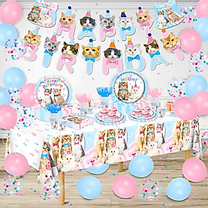 Cat Birthday Decorations, 146Pcs Cat Birthday Party Supplies-Serves 24 Cat Party Disposable Tableware with Cat Party Plates Cups Napkins Tablecloth Balloons for Kitten Girls Birthday Party Decorations