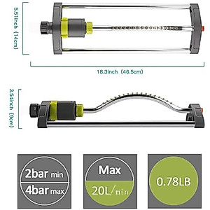 Lawn Sprinkler, Metal Oscillating Sprinkler with Brass Nozzles, Water Sprinkler for Lawn Covers up to 3,600 Ft, Includes Spray Jet Cleaning Needle, Grey