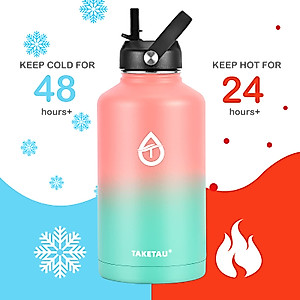 TAKETAU Insulated Sports Water Bottle with Straw Cap & Spout Lid, Stainless Steel 64 oz Half Gallon Double Wall Growler Vacuum Flask Wide Mouth Thermos Large, Keep Drinks Cold or Hot (Coral, 64 oz)