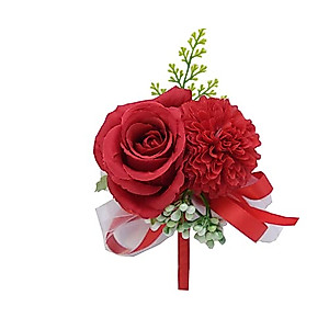 2 Pack Flower Wrist Corsage Boutonniere Set,3" Artificial Rose and Carnation Handmade Silk Flower for Wedding Flowers Accessories Prom Suit Decor (Red)