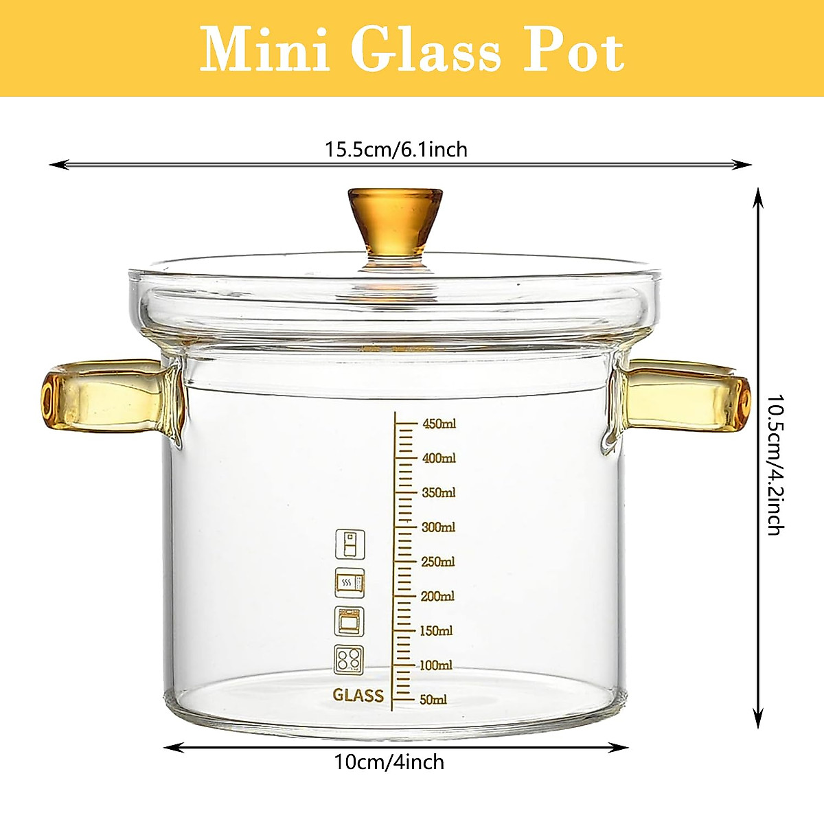 0.45L/15.8oz Mini Glass Saucepan with Cover, Saucepans Glass Pot Casserole, Heat-resistant Glass Cooking Pot Covered Saucepan with Lid Cookware Stockpots for Cooking, Baking, Serving,