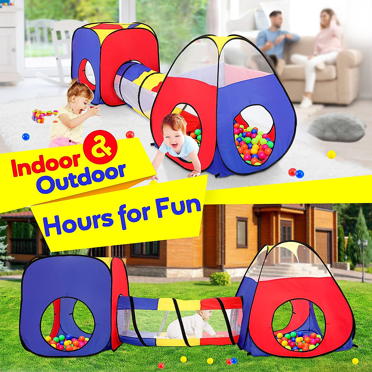 3 in 1 Kids Play Tent with Play Tunnels and Ball Pit, Pop Up Toddler Tent for Kids, Kids Toys for Boys and Girls Babies Children Indoor and Outdoor Playhouse, Gift Idea (Balls NOT Included)
