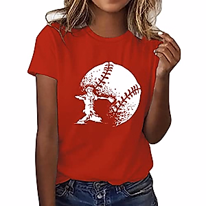 DUOWEI Womens Baseball Print O Neck Short Sleeve Blouse Tops Tees T Shirt Red