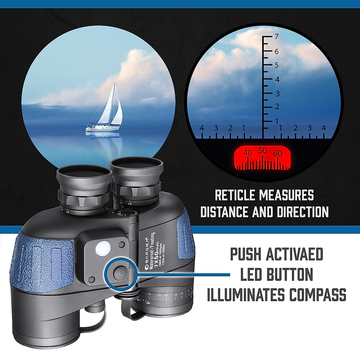 BARSKA Deep Sea Waterproof Floating Binocular w/ Internal Rangefinder & Compass, Blue, 7x50mm (AB10798)