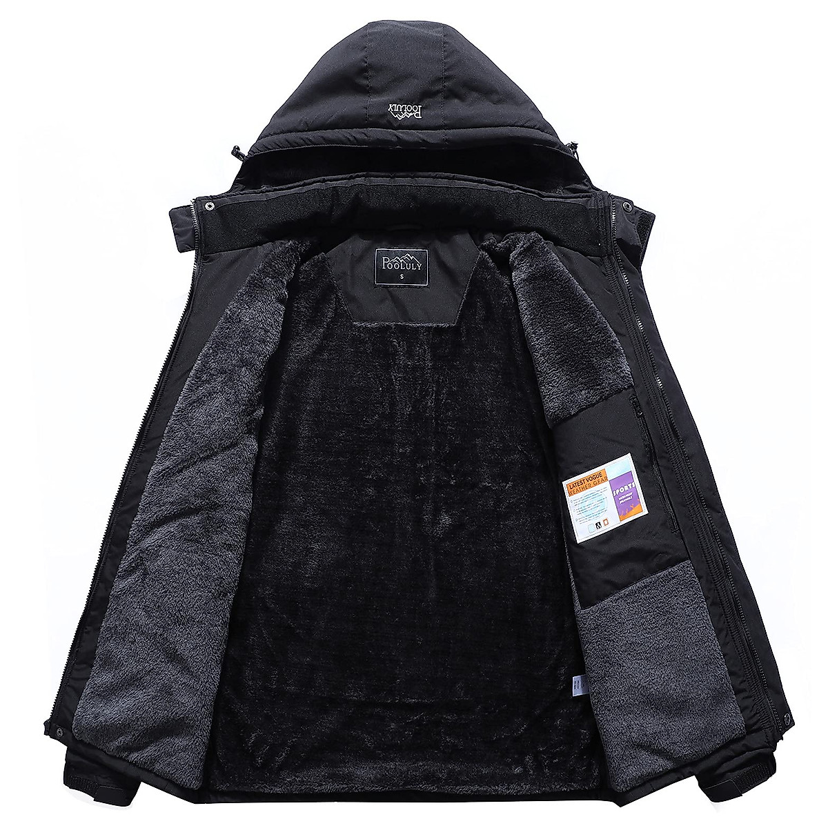 Pooluly Men's Ski Jacket Warm Winter Waterproof Windbreaker Hooded Raincoat Snowboarding Jackets Black-S