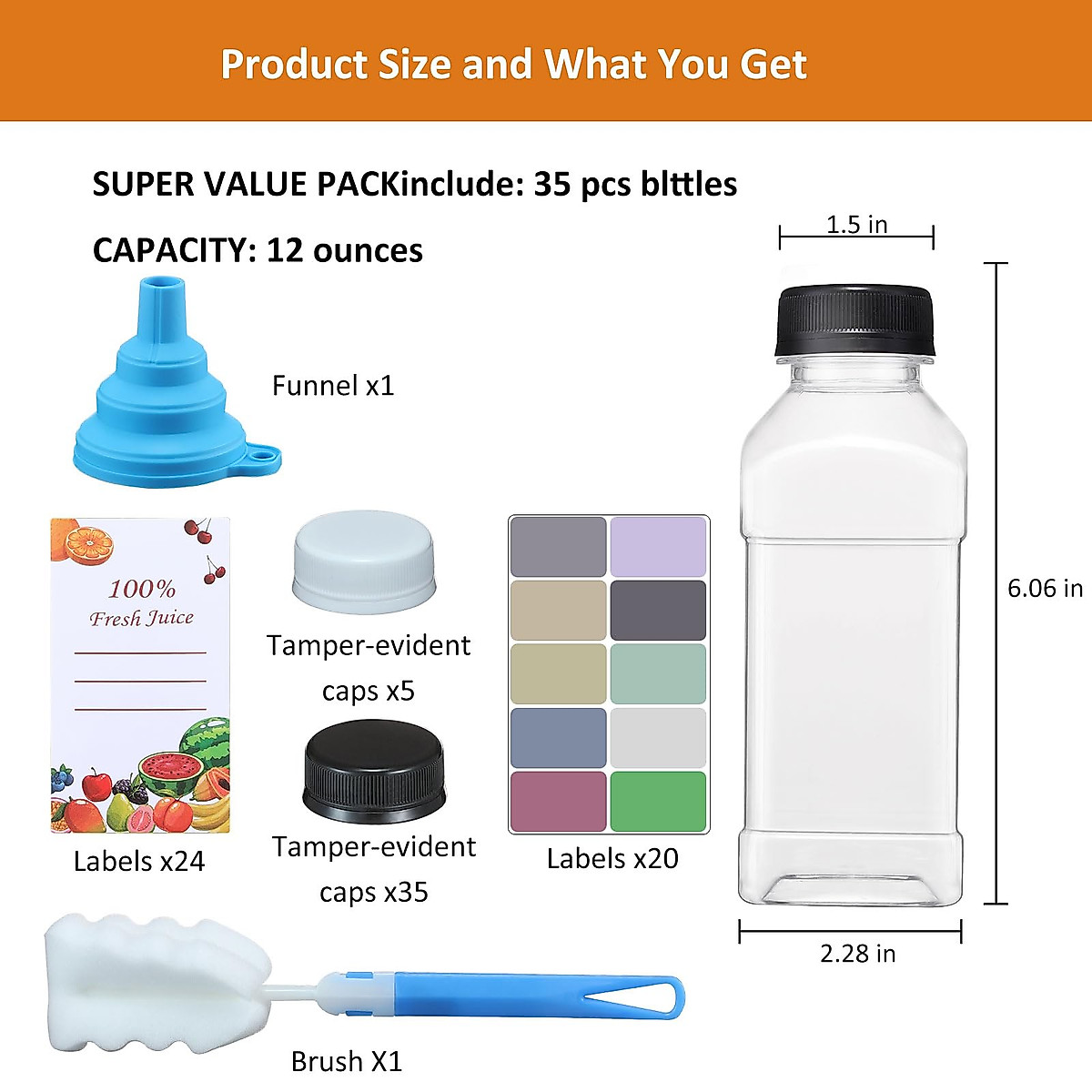 LIYAR 12oz Plastic Bottles with Caps 35 Pack Juice Bottles Reusable Juice Containers Leak-Proof Smoothie bottle with Labels for Drinking,Juicing,Milk,Water(White Lids+Black Lids)