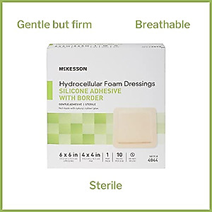 McKesson Hydrocellular Foam Dressings, Sterile, Silicone Adhesive with Border, Dimension 6 in x 6 in, Pad 4 in x 4 in, 10 Count, 1 Pack