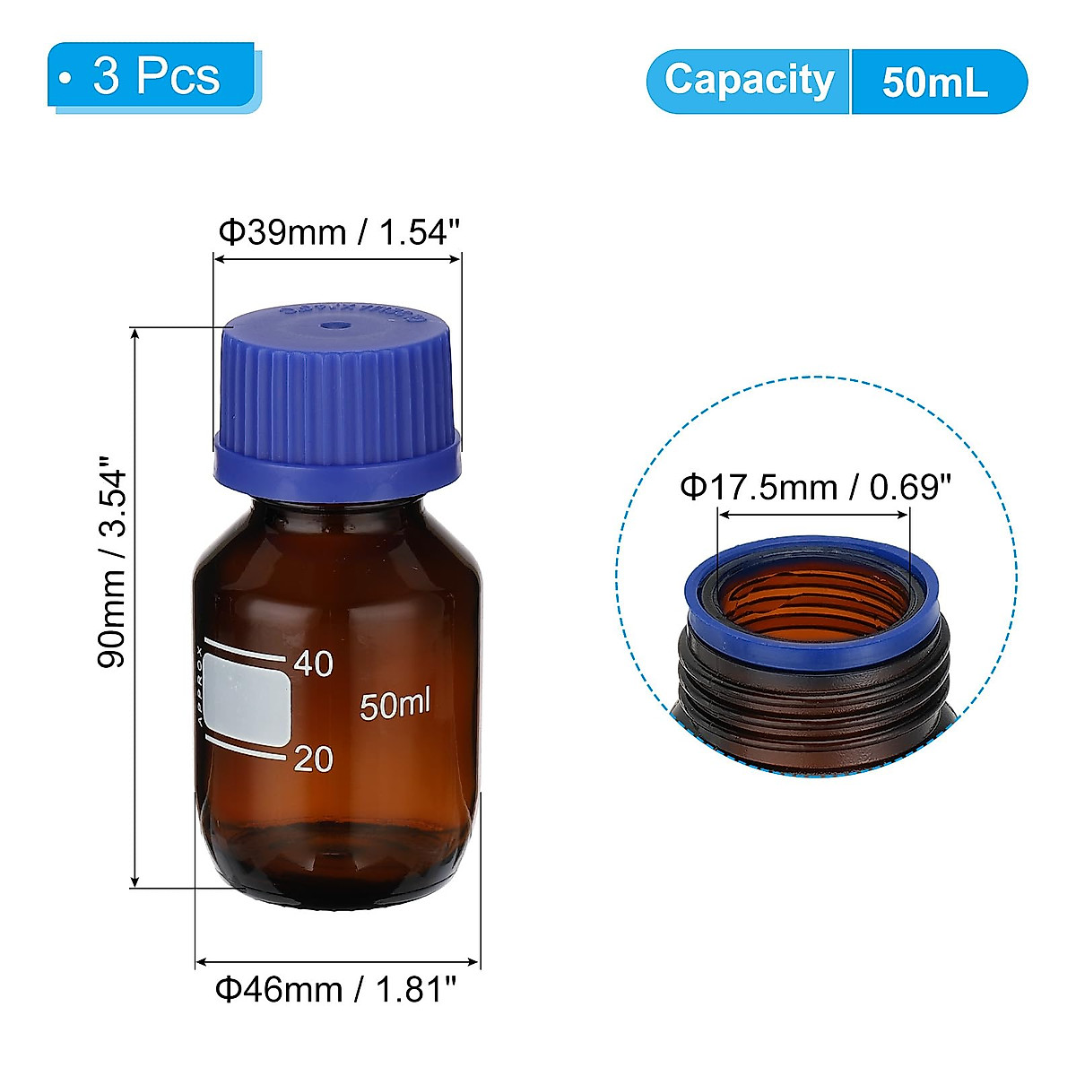 PATIKIL 3 Pack Reagent Media Storage Bottles, 50ml Borosilicate Glass Graduated Round Bottles with GL32 Blue Screw Cap for Lab Water Reagent Liquids, Amber