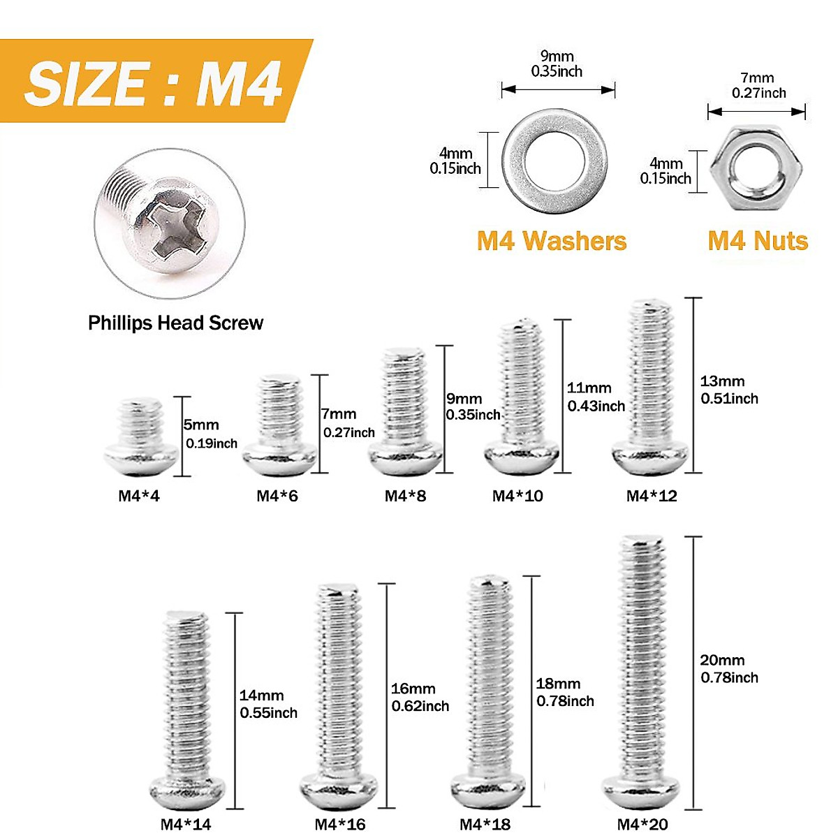 VIGRUE 810 Pcs M4 x 4/6/8/10/12/14/16/18/20 mm Screw Assortment Kit 304 Stainless Steel Machine Screws Phillips Pan Head Screws Bolts Nuts Lock Flat Washers with Storage Box
