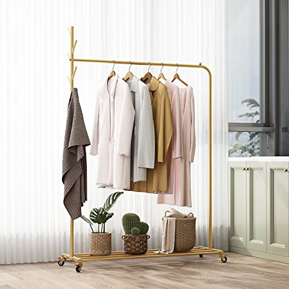Smlttel Metal Gold Clothes Rack for Hanging Clothes, Rolling Clothing Rack for Boutique Display, Gold Coat Rack Standing Garment Rack with Shelf, Industrial Pipe Rack, Heavy Duty Clothing Rack, Gold