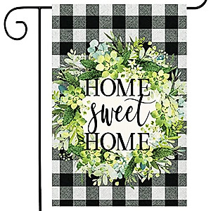 wondever Home Sweet Home Wreath Garden Flag 12×18 Double Sided Vertical Black and White Buffalo Check Plaid Burlap Watercolor Green Leaves Yard Flags for Farmhouse Yard Holiday Outdoor Flags Decor