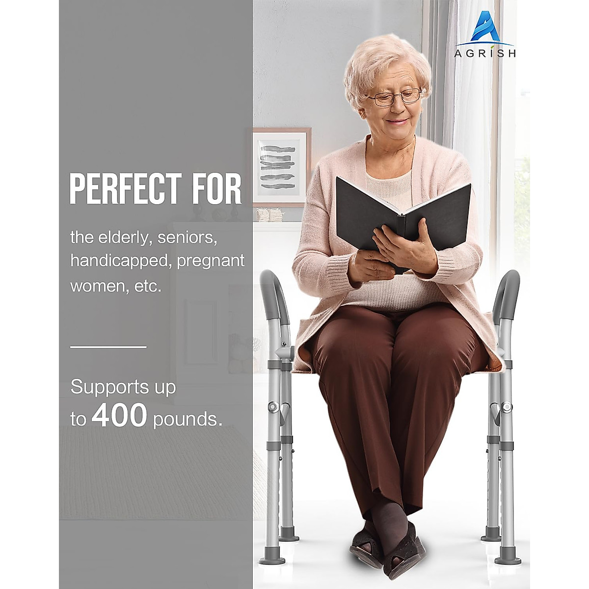 Agrish 3-in-1 Raised Toilet Seat - [Adjustable Width/Height] with Handles, Heavy Duty 400lbs Medical Safety Handrails w/Padded Cushion Seat - Toilet Seat Raisers for Seniors, Handicap, Pregnant