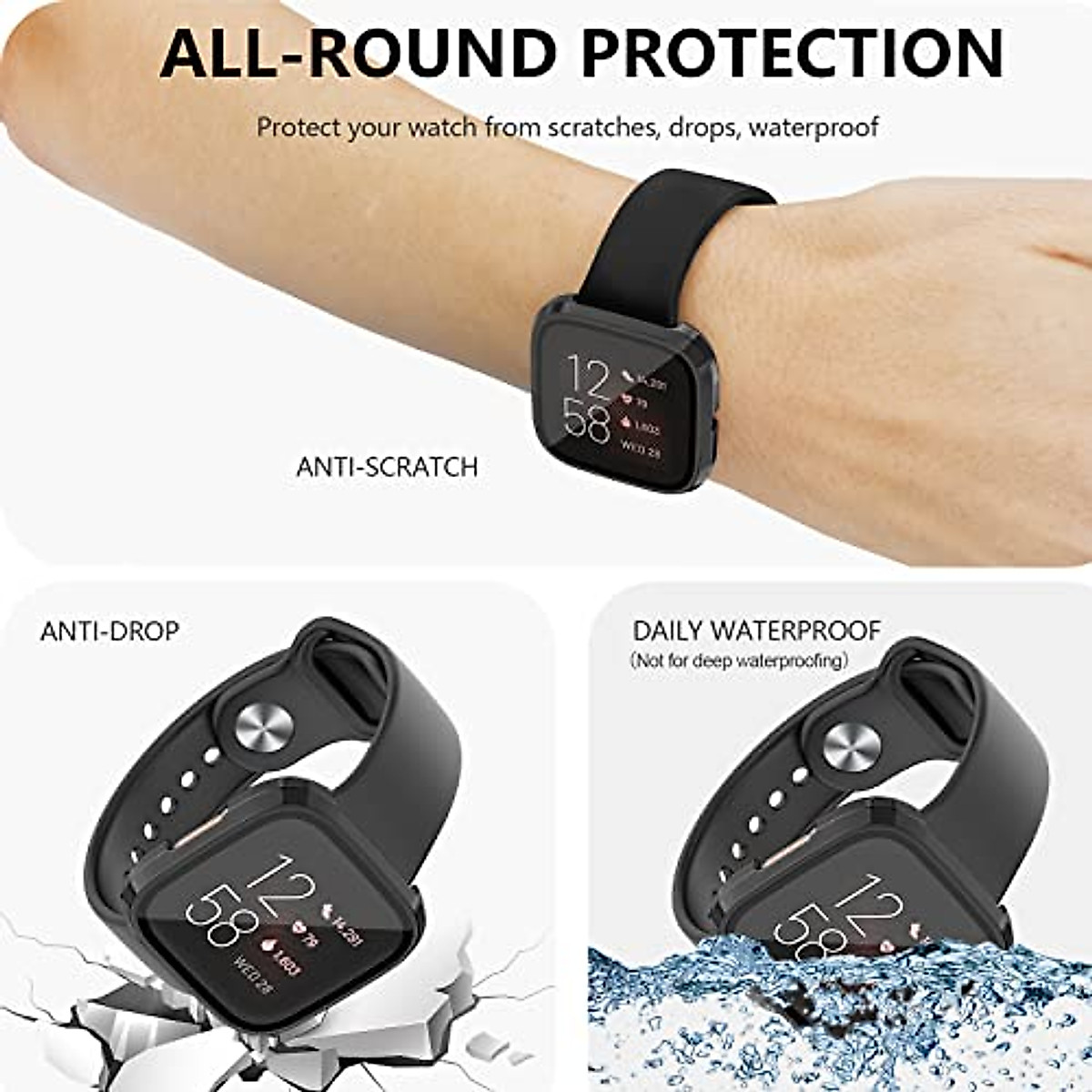 [3 Pack] Tobfit for Fitbit Versa 2 Screen Protector with HD Tempered Glass Protective Case, Hard PC Case Bumper Cover Full Coverage for Fitbit Versa 2 Smartwatch, Black/Black/Black